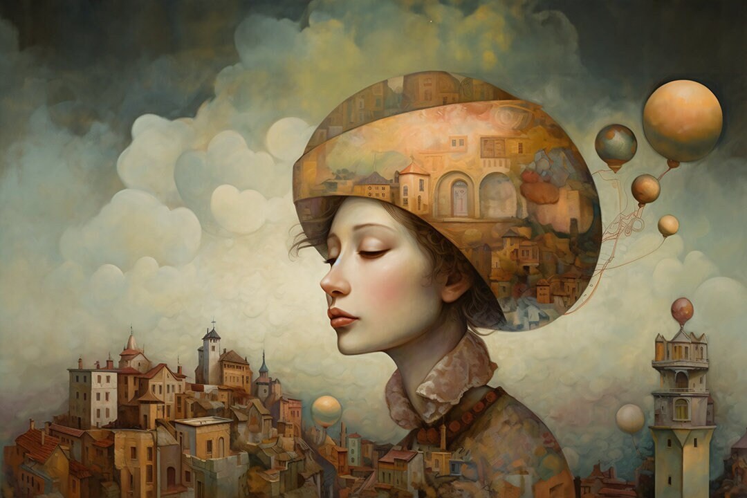 Hopecare - Surreal Cityscape Mind Art, Visionary Portrait Print ...