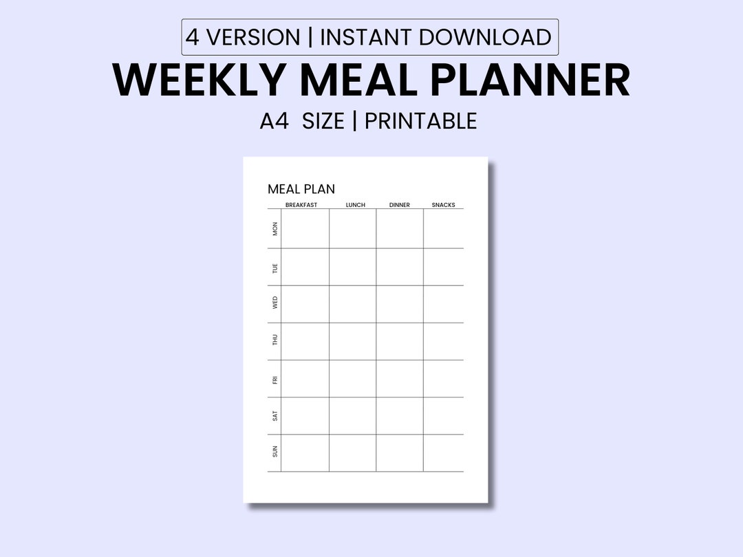 Weekly Meal Planner Printable Worksheet, A4 Size , Weekly Planner 4 ...