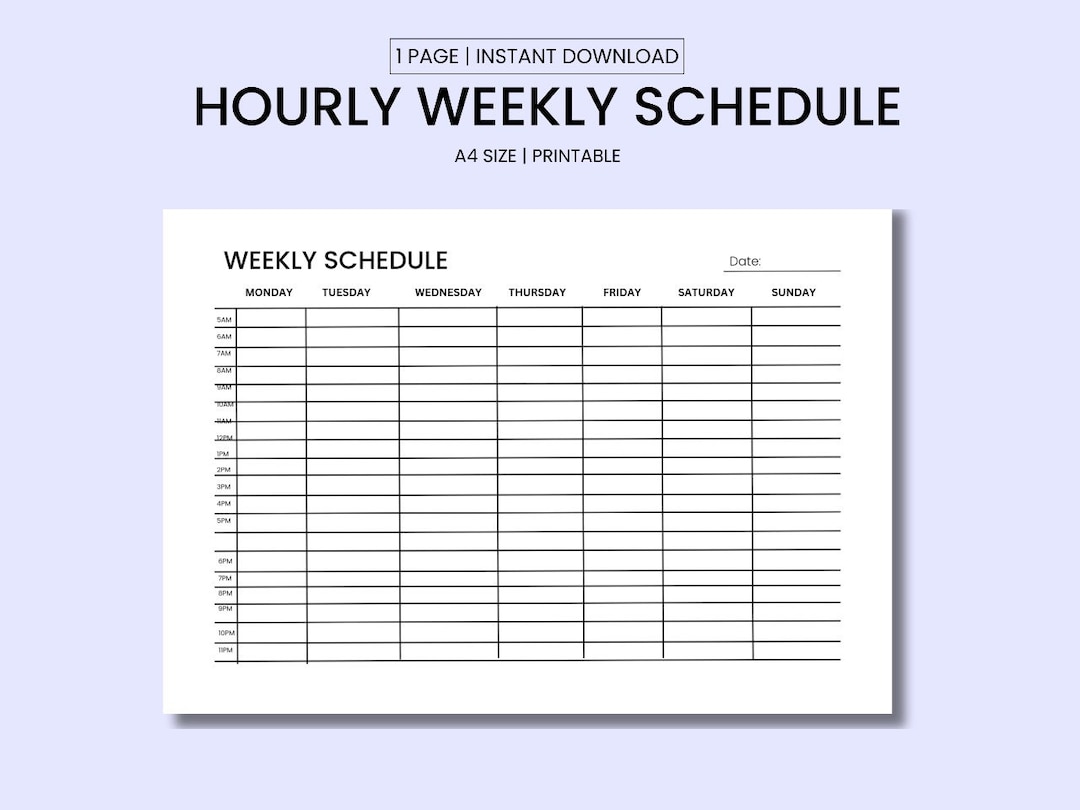 Hourly Weekly Schedule A4 Size Printable Worksheet, Digital Download - Etsy