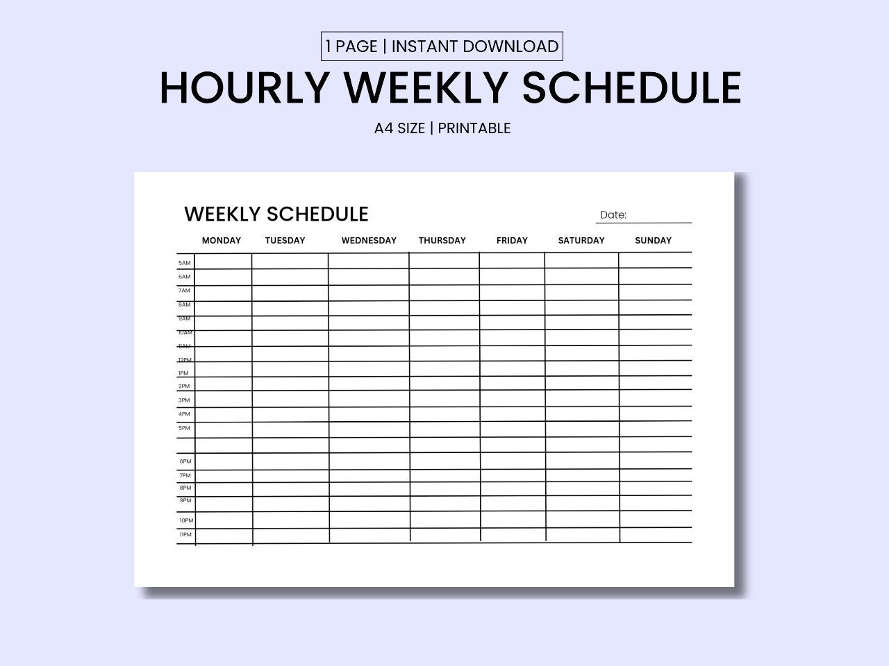 Hourly Weekly Schedule A4 Size Printable Worksheet, Digital Download - Etsy
