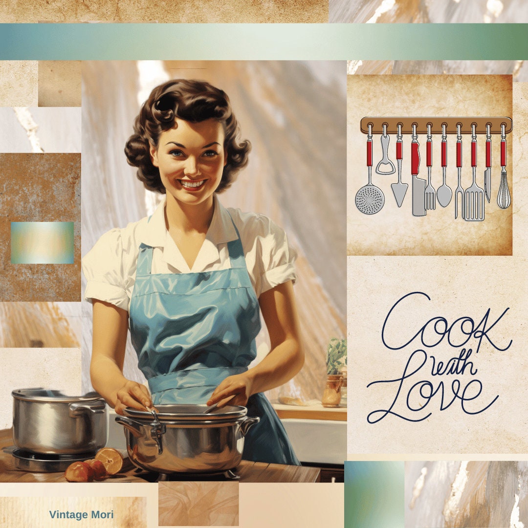 A Woman in the Kitchen Cooks With Love, Digital Collage Art, Vintage ...