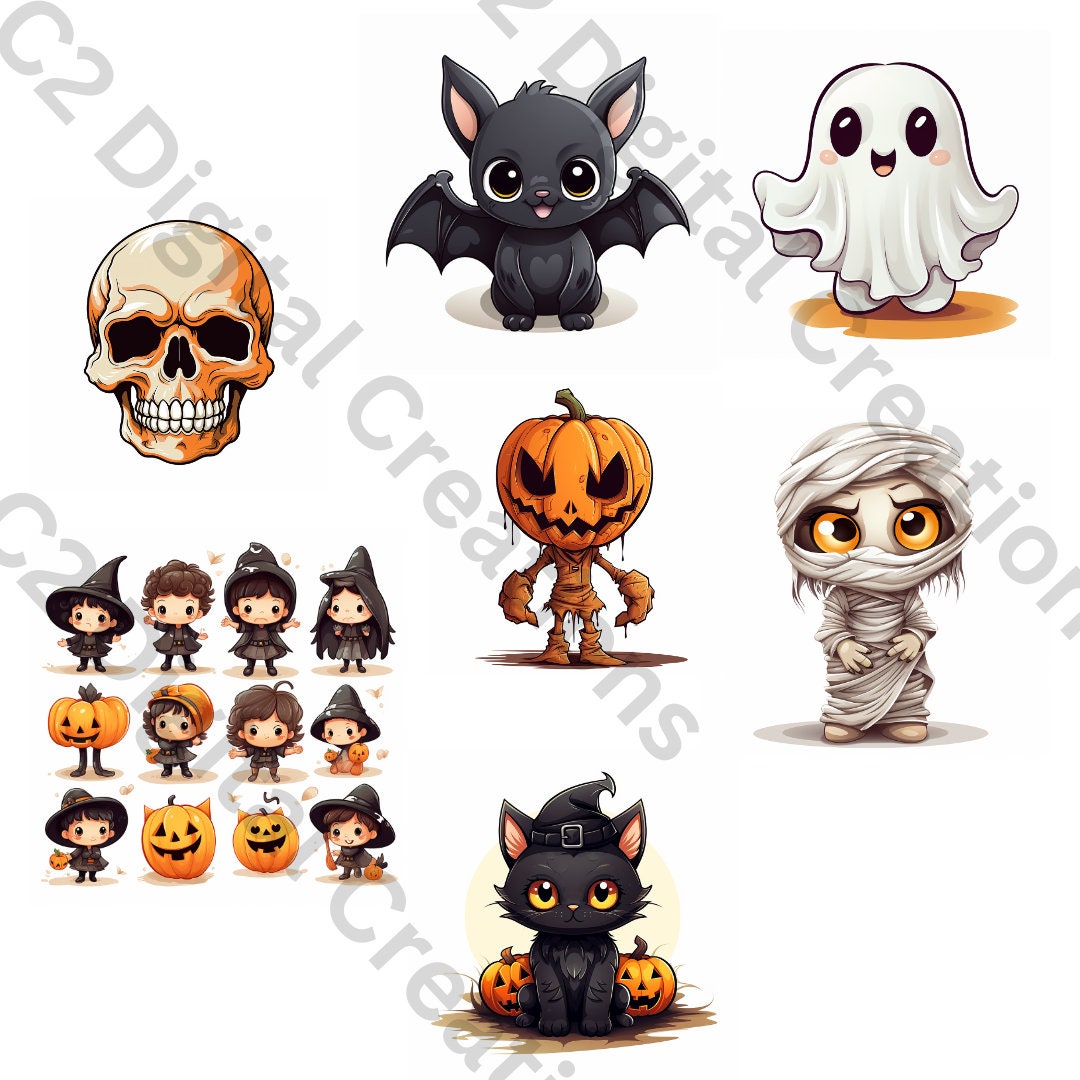 30 Cute Halloween Clipart Pack Images Cartoon Mummy, Witch, Pumpkin ...