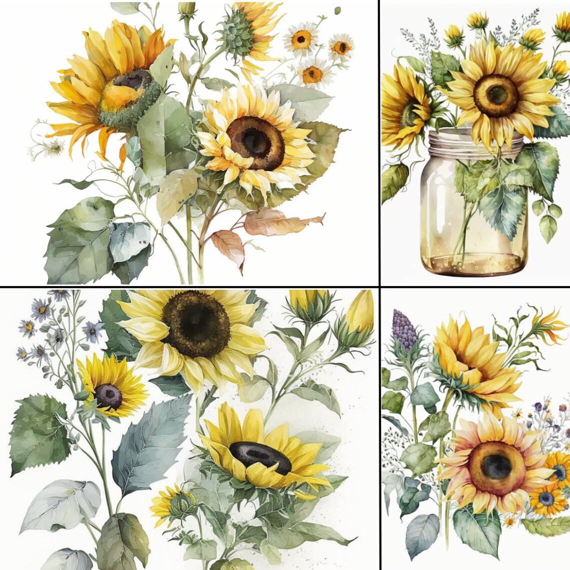 Watercolor Floral Sunflowers Clipart, Fall Flowers Floral Bouquets in ...