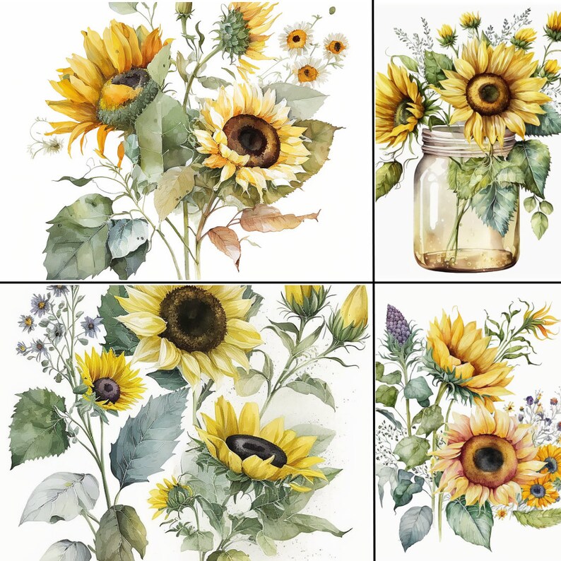 Watercolor Floral Sunflowers Clipart, Fall Flowers - Floral Bouquets in ...