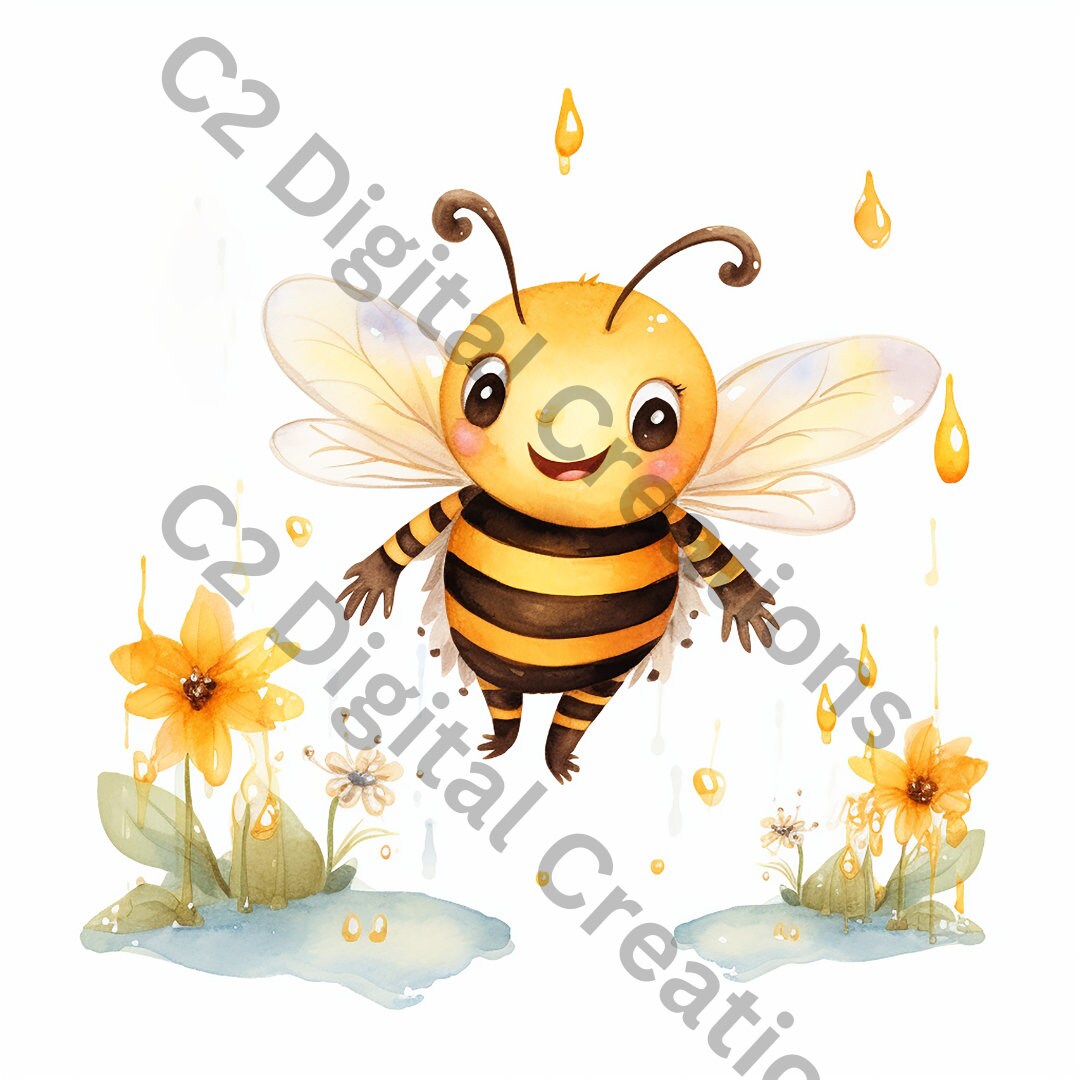 Watercolor Honeybee Clipart, Garden Bee With Honey Drips Clipart Set in ...