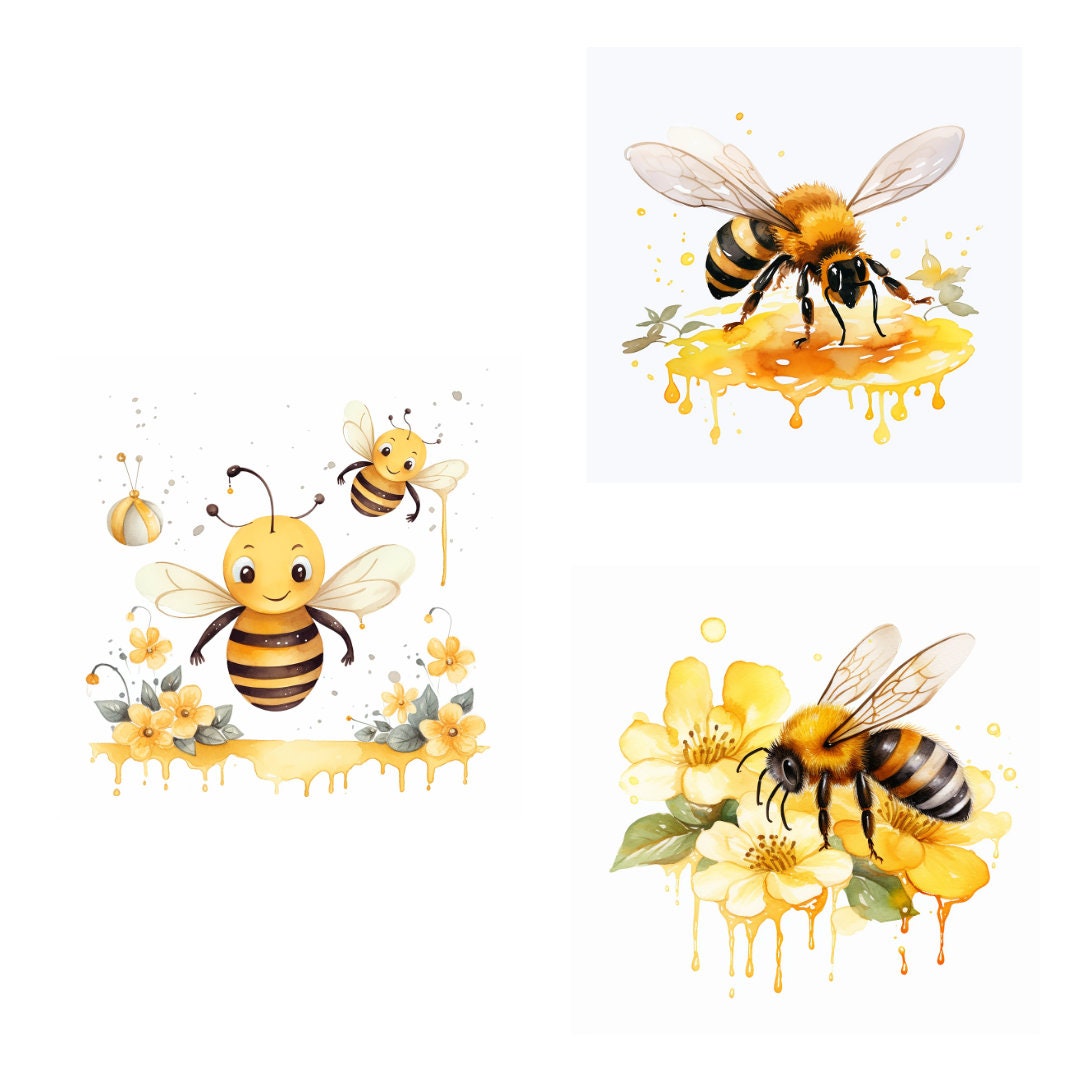 Watercolor Honeybee Clipart, Garden Bee With Honey Drips Clipart Set in ...