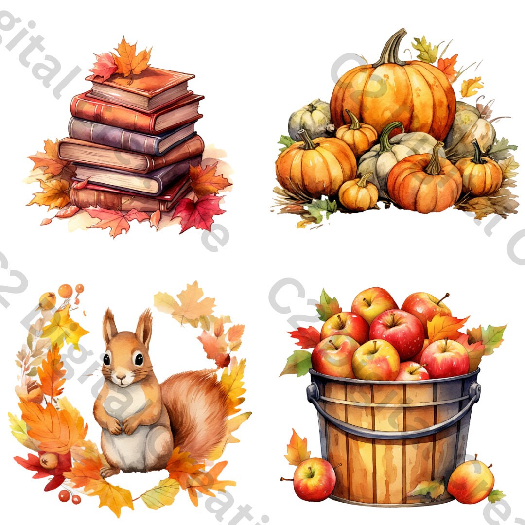 30+ Watercolor Autumn Clipart - Leaves, Barns, Pumpkin - High Quality ...