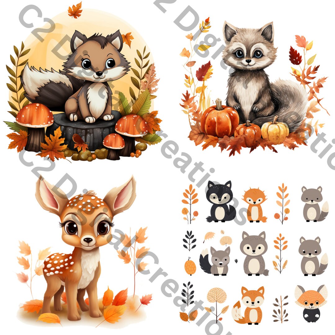 Woodland Fall Clipart Set - Fall Woodland Animal Clipart Set in PNG ...