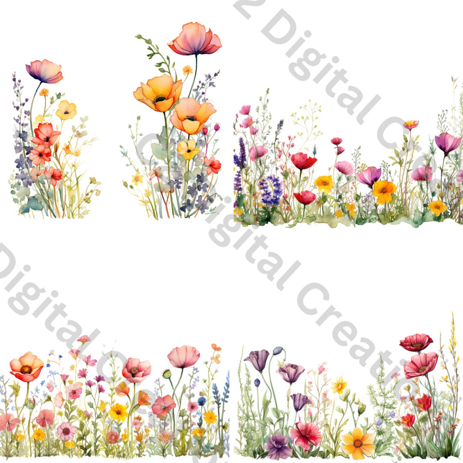20 Watercolor Wildflower Border, Wedding Clipart, High Quality 400 DPI ...