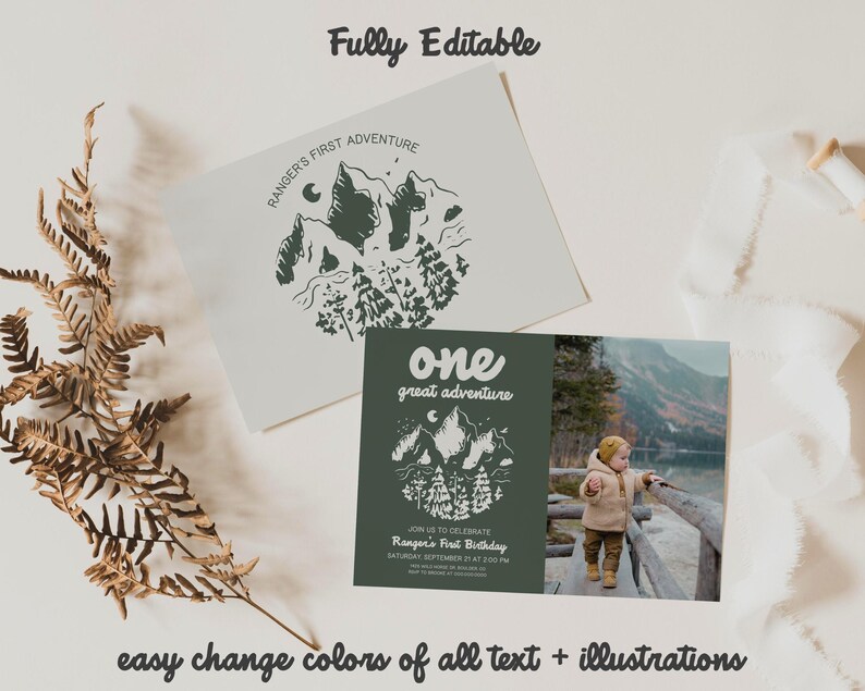 ONE Great Adventure Birthday Photo Invitation | Forest Mountains Nature ...