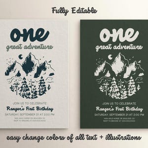 ONE Great Adventure Birthday Photo Invitation | Forest Mountains Nature ...