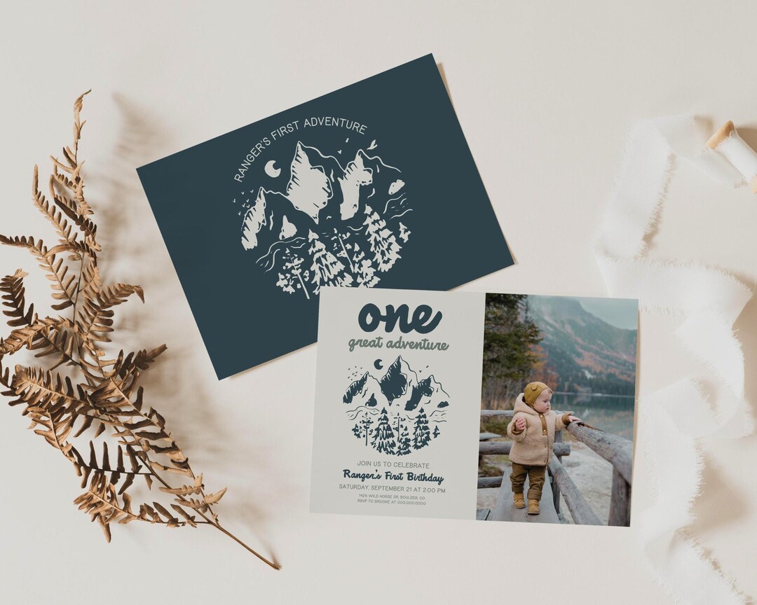 ONE Great Adventure Birthday Photo Invitation | Forest Mountains Nature ...