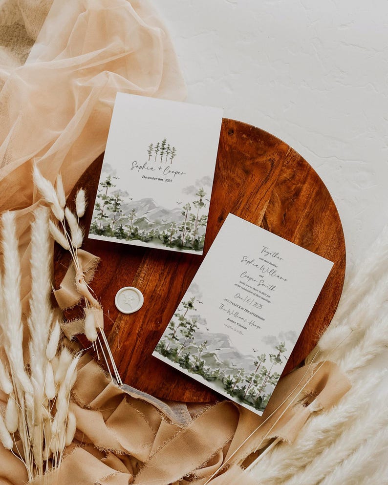 Evergreen Forest Wedding Invitation Template Editable, Pine Tree ...