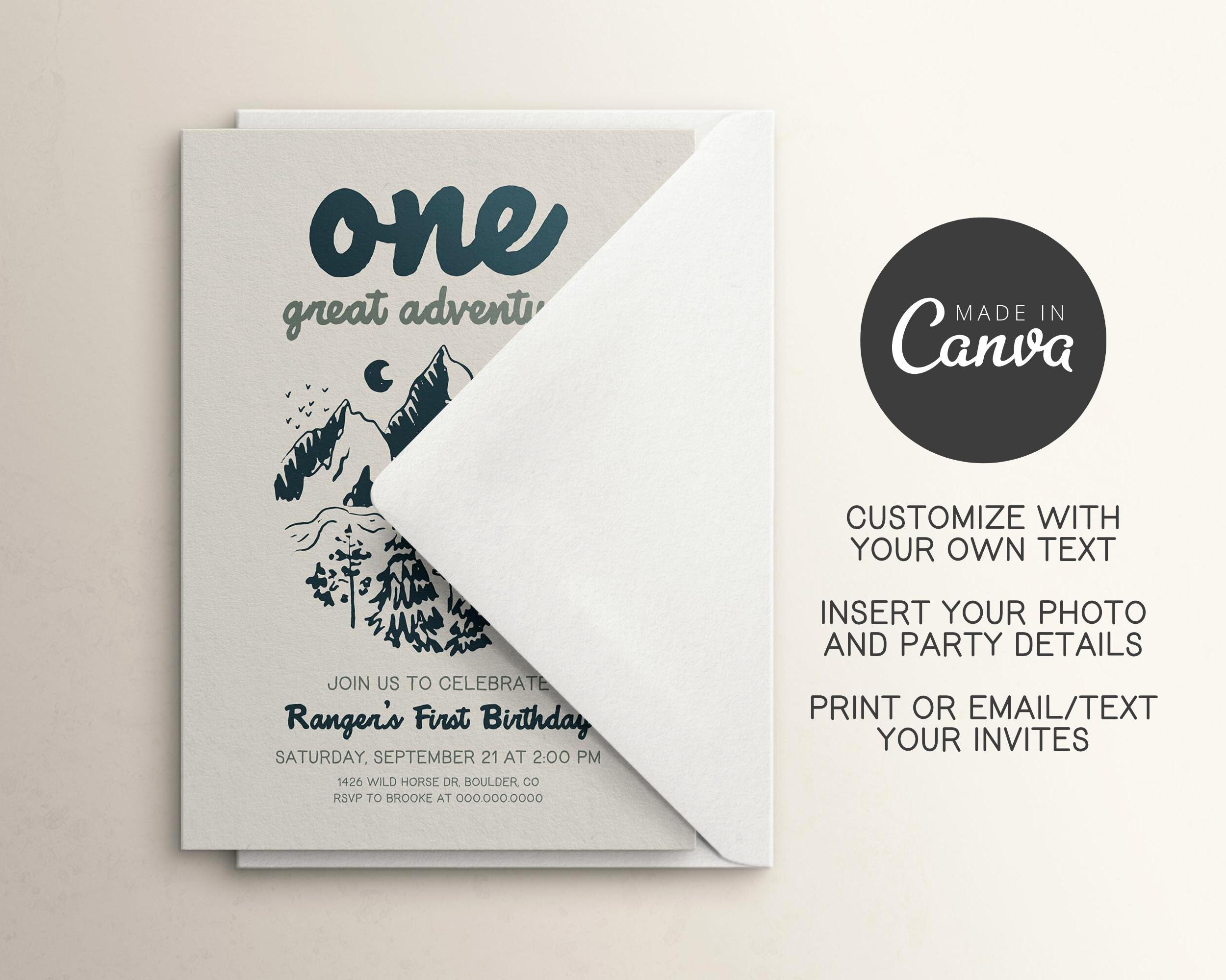 ONE Great Adventure Birthday Photo Invitation | Forest Mountains Nature ...