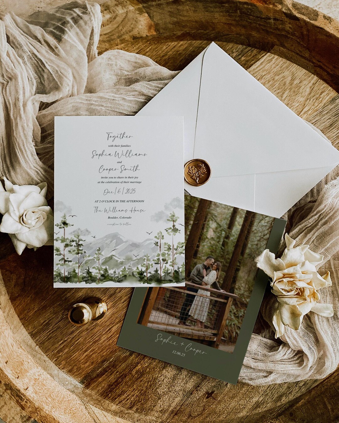 Forest Wedding Photo Invitation Template, Pine Tree Wedding, Winter ...