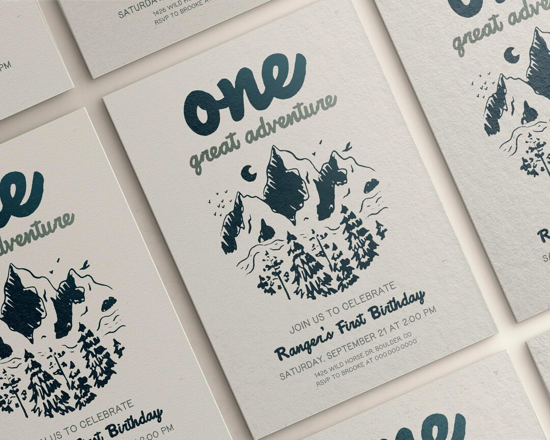 ONE Great Adventure Birthday Invitation | Forest Mountains Nature First ...