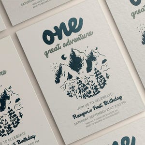 ONE Great Adventure Birthday Photo Invitation | Forest Mountains Nature ...