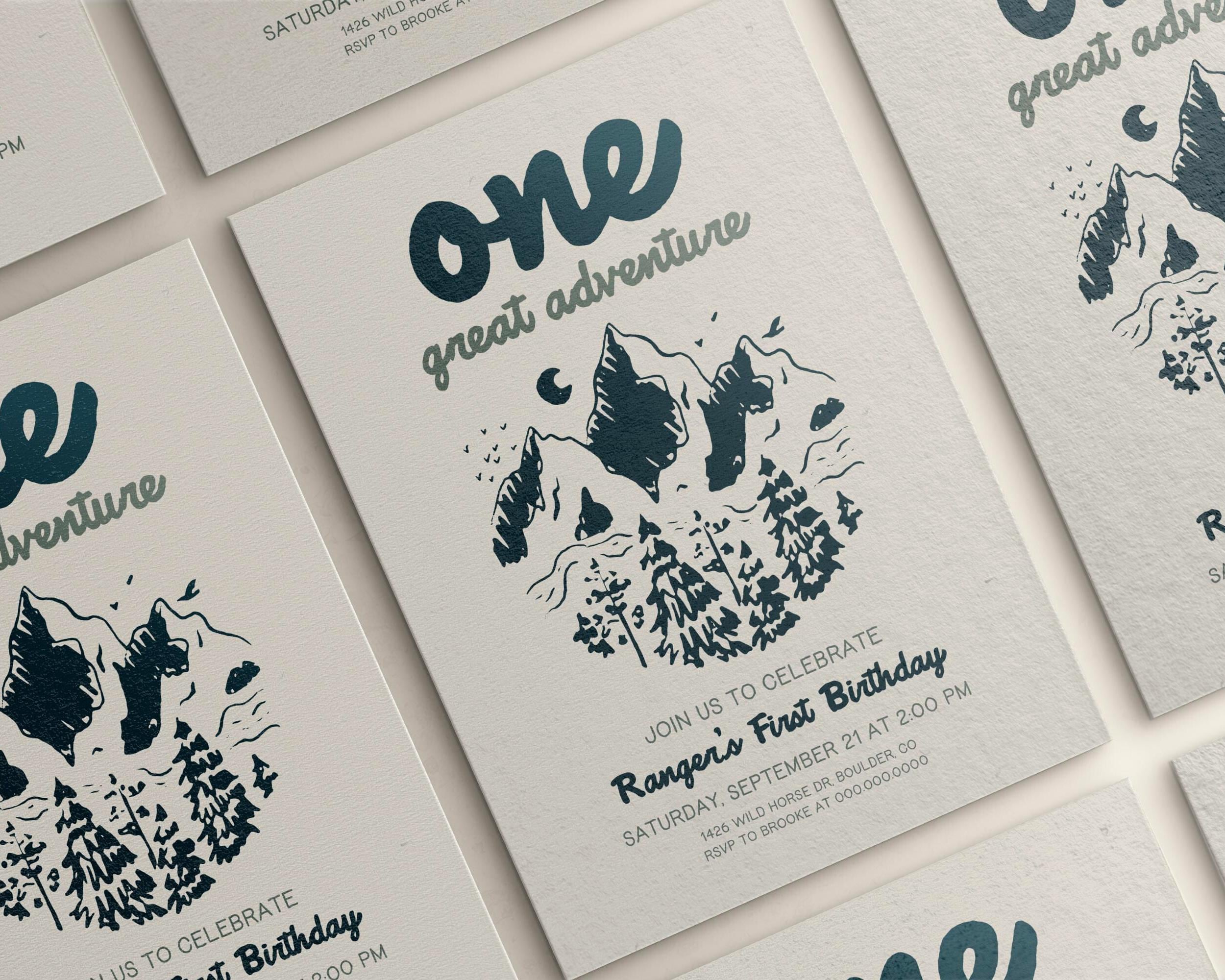 ONE Great Adventure Birthday Photo Invitation | Forest Mountains Nature ...