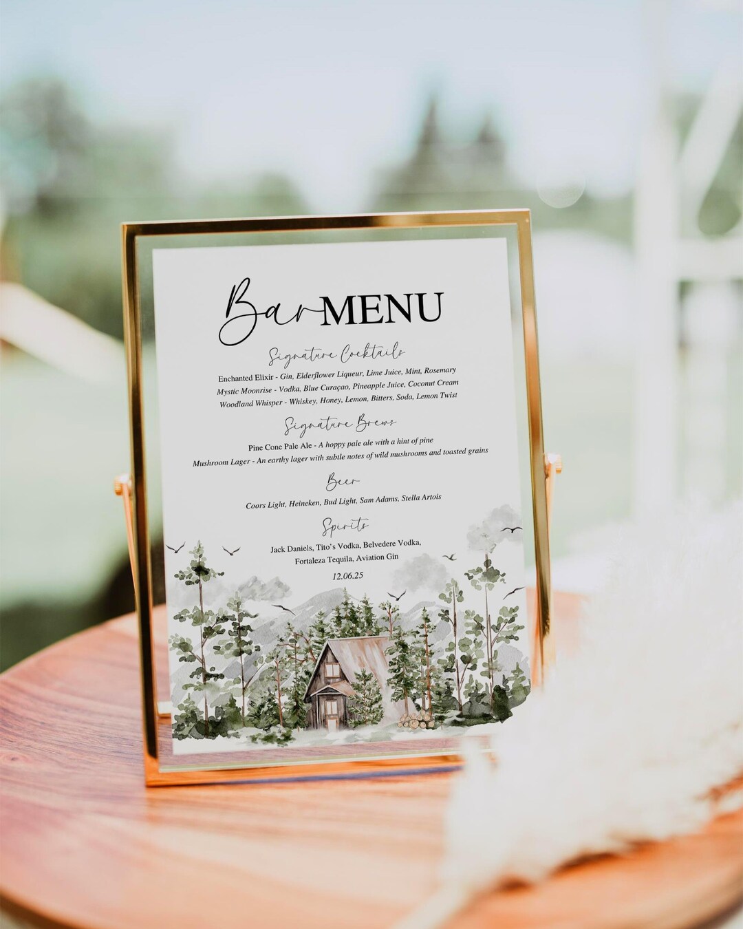 Bar Menu Drinks Sign Wedding Template | Evergreen Forest Cabin Drink ...