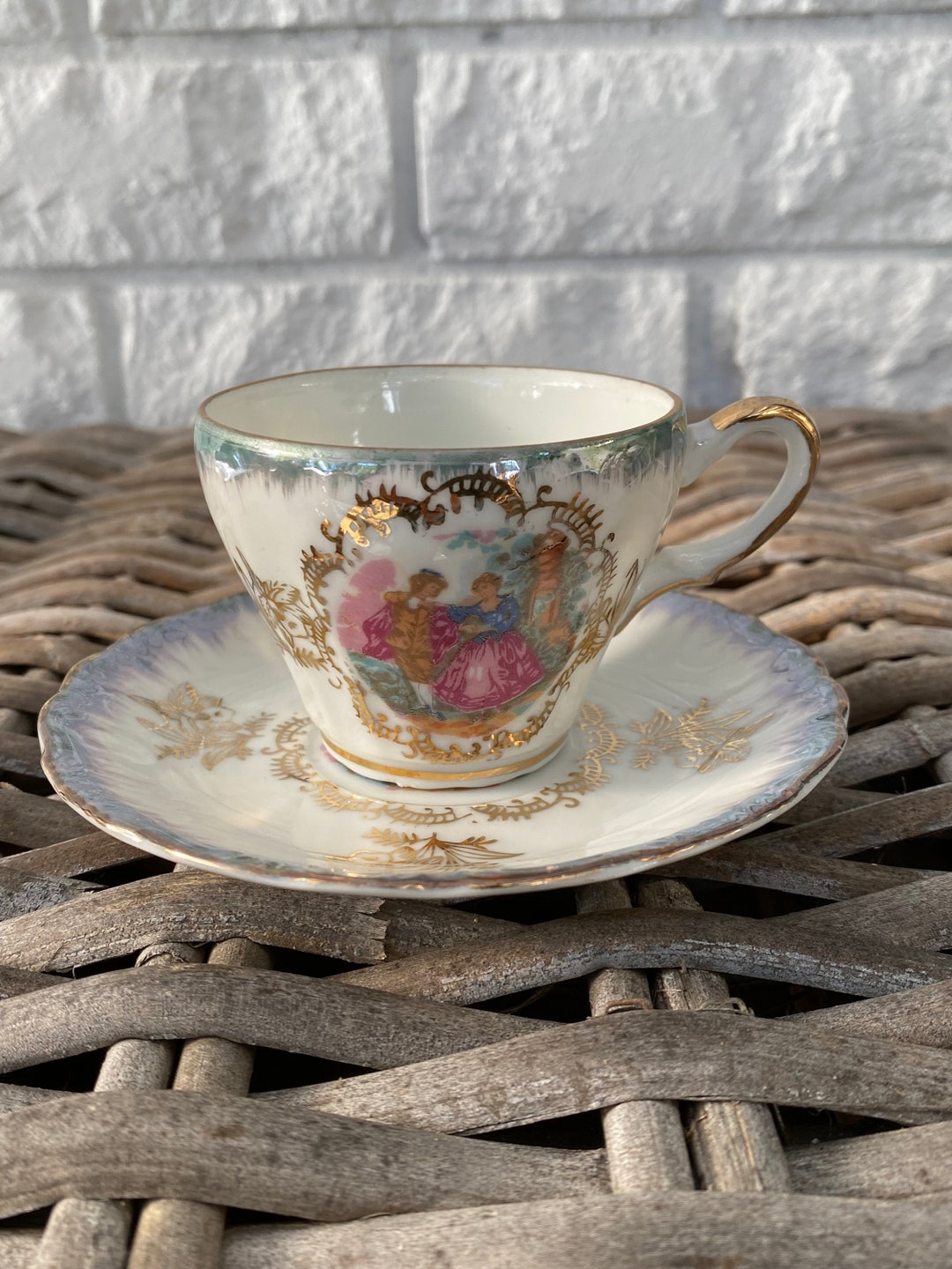 Lustreware Teacup and Saucer Blue Rim With Gold Trim Limoges Style ...