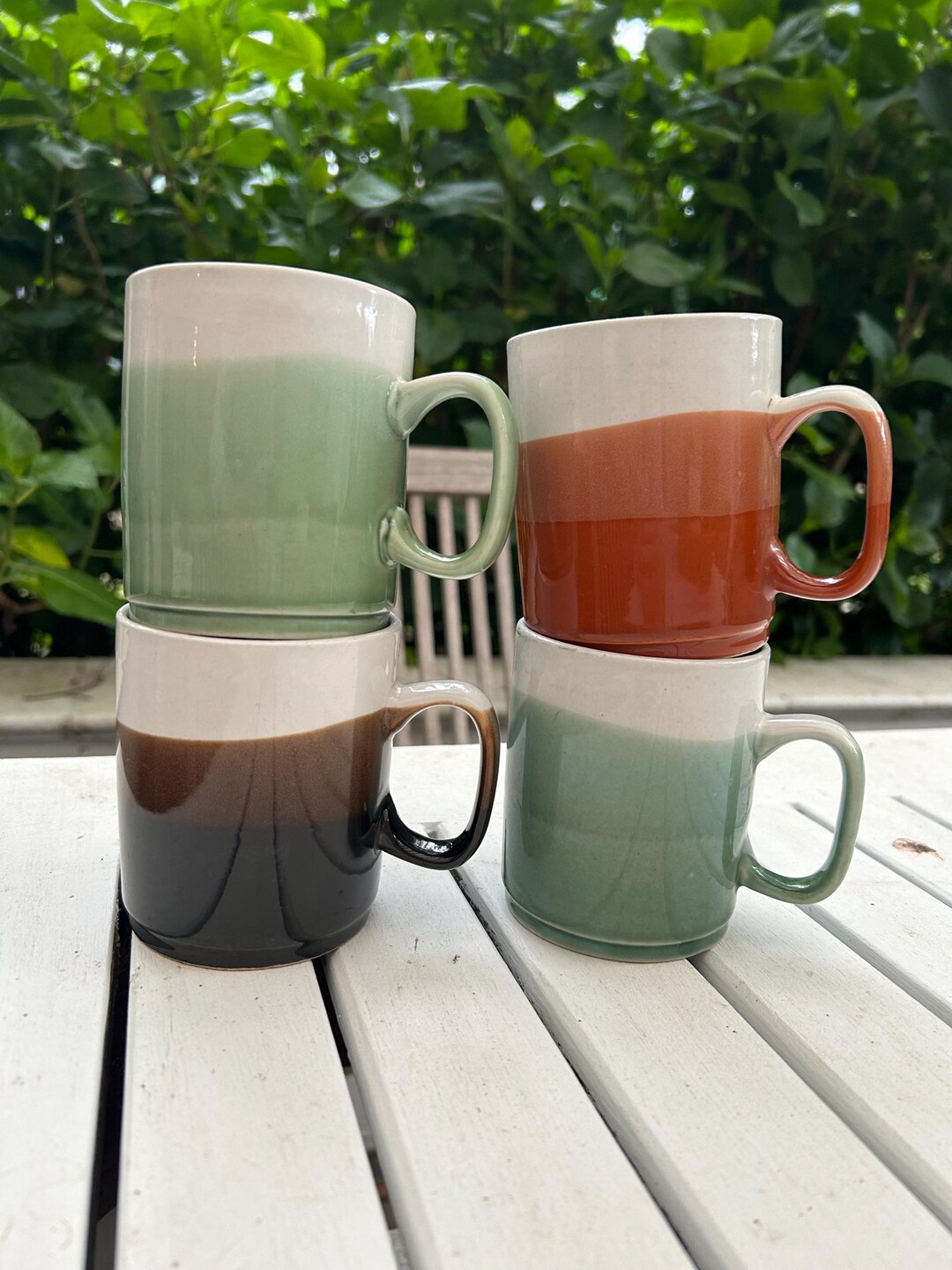 Ceramic Mugs | Tri-tone Design | Green, Brown and Orange | Set of Four ...