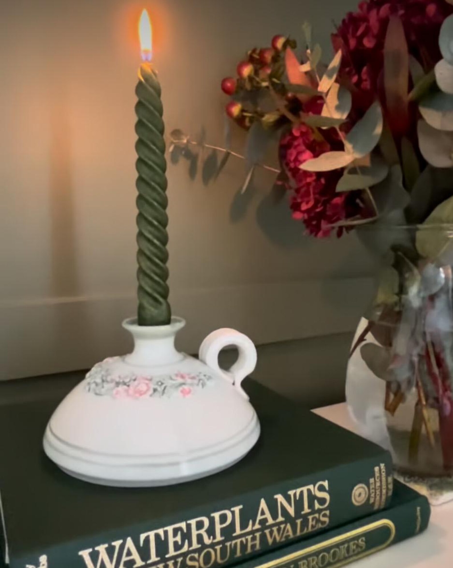 Pottery Candlestick Holder | Handheld Taper Candle Accessory | Green ...