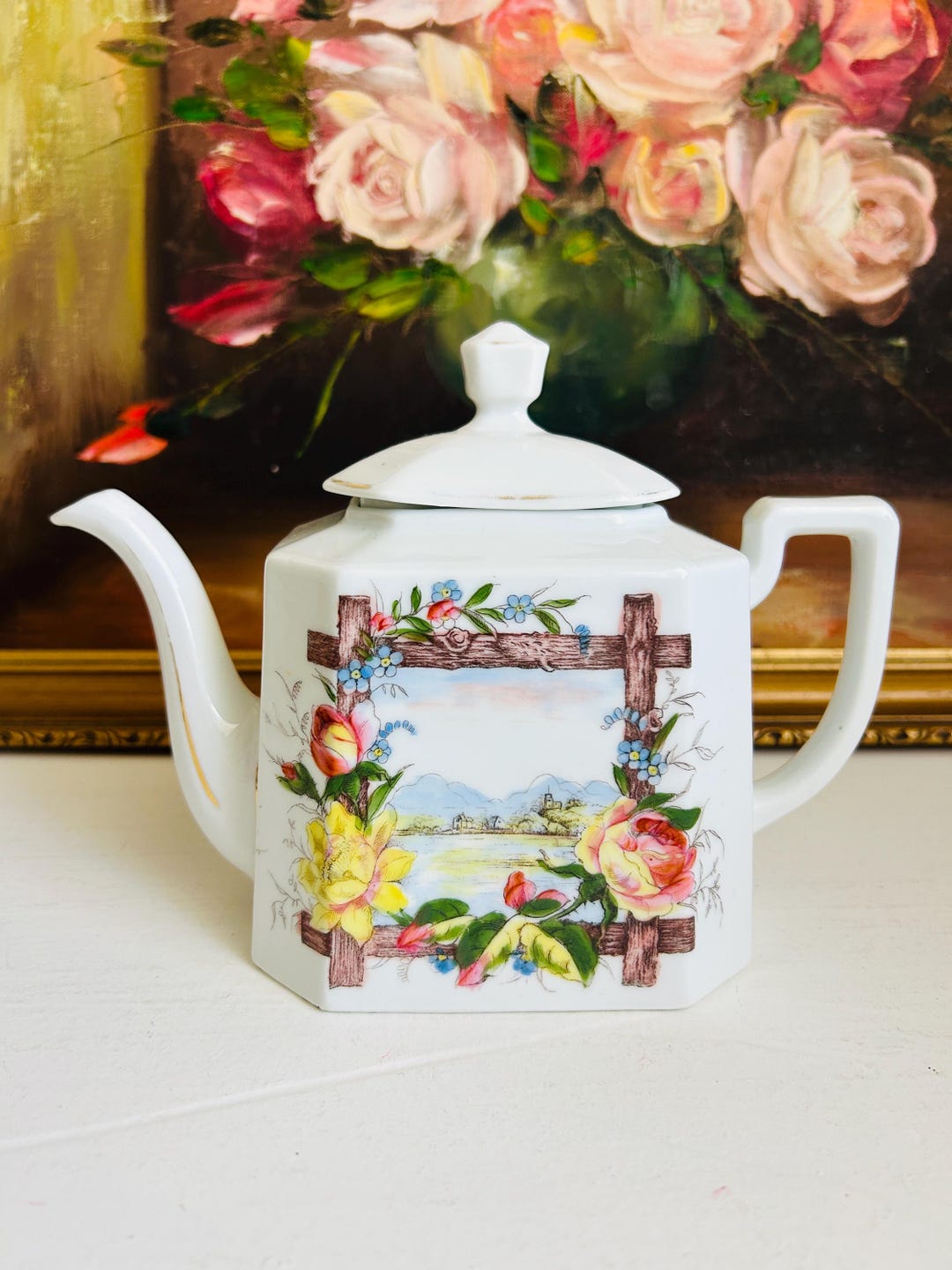 Hexagonal Floral Teapot | 1950s Japan Scenic Panel - Etsy