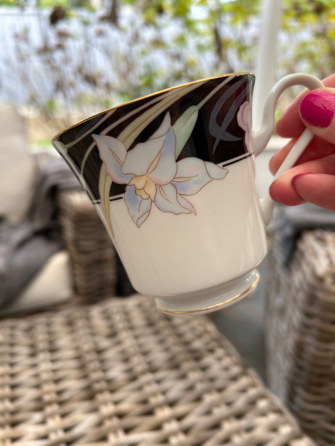 Mikasa Charisma Tea Cups Black Fine China Floral Design Made in Japan Replacement Discontinued ...