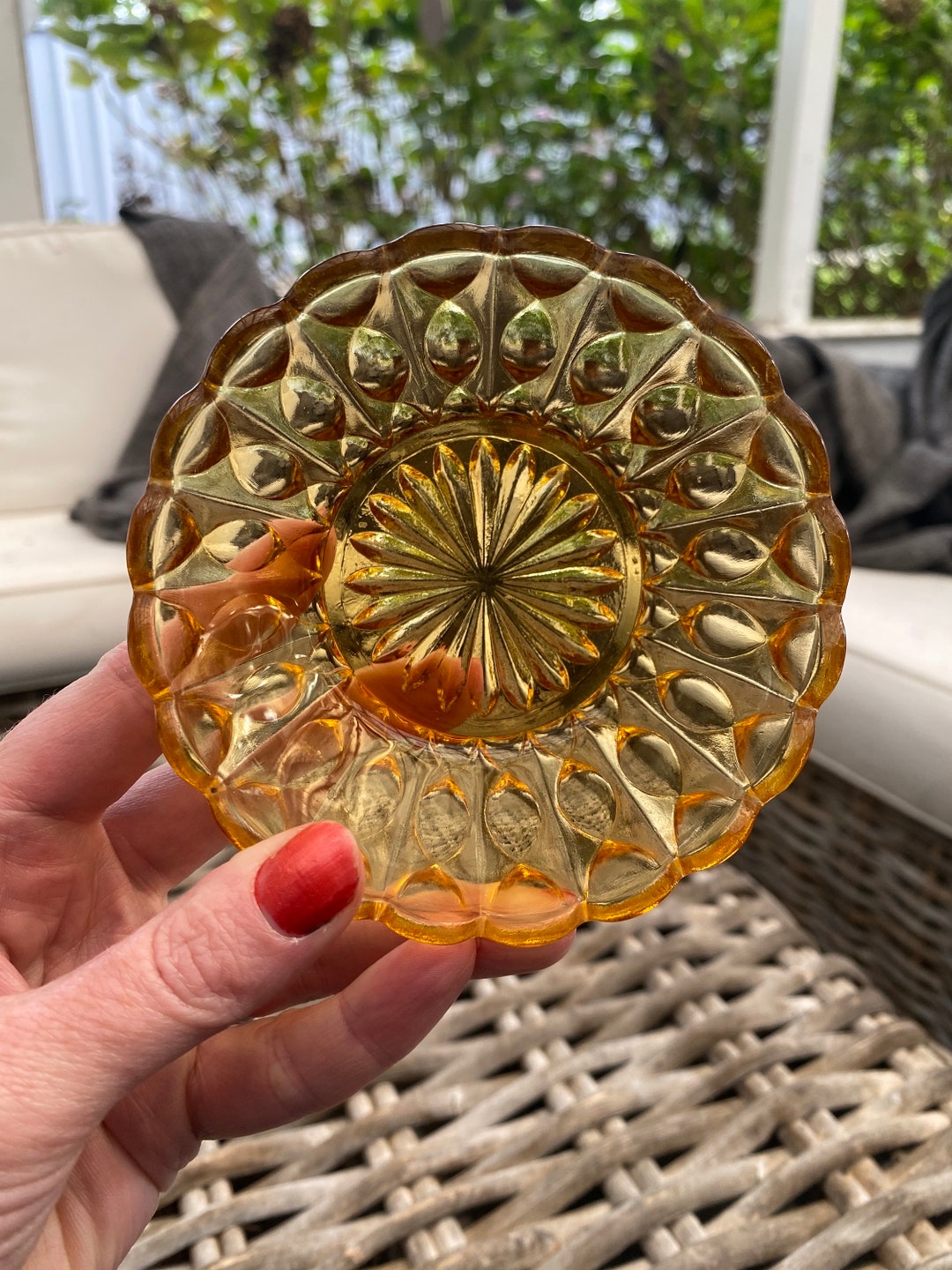 Amber Pressed Glass Bowl Depression Era 1930s Scalloped Edge & Pattern ...