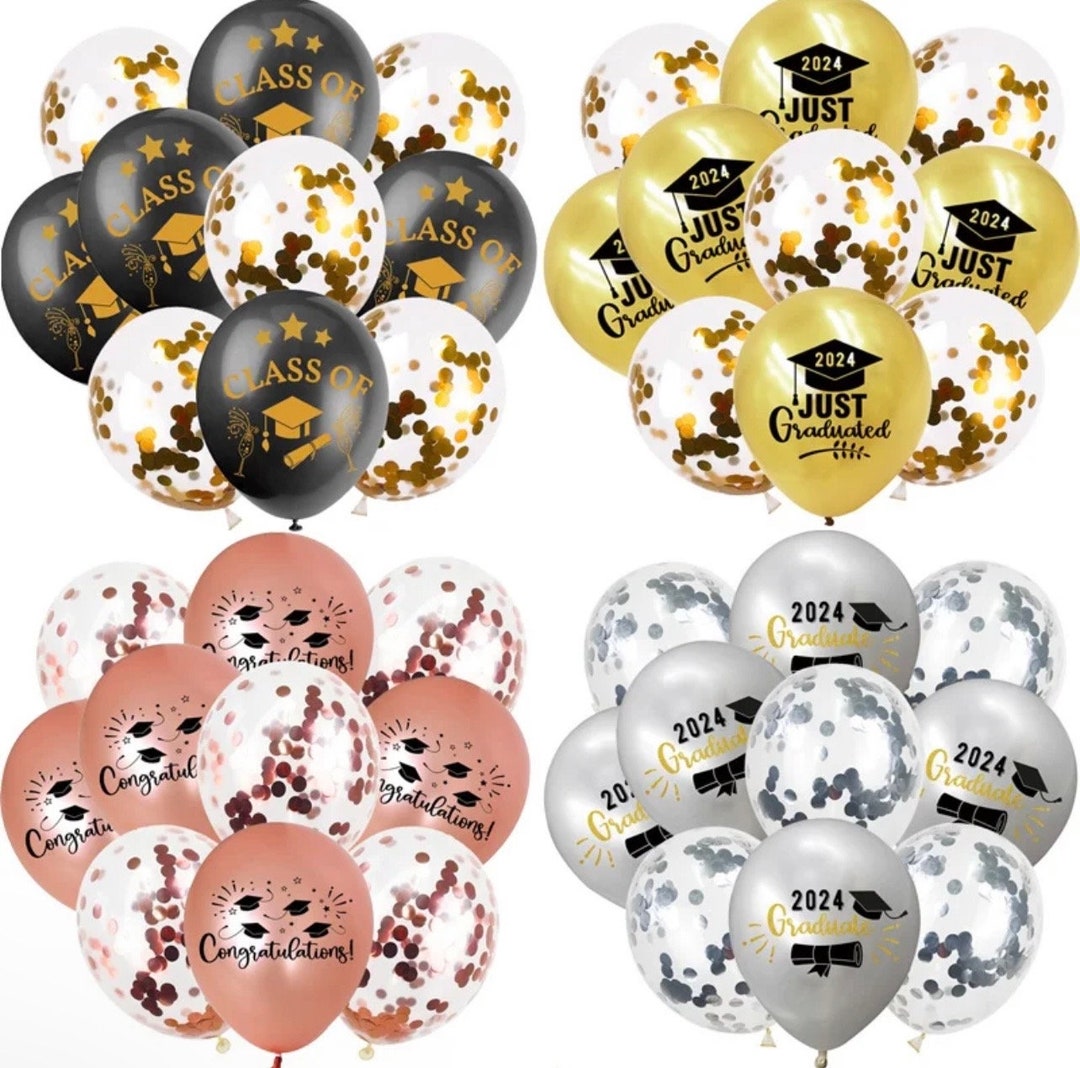 Graduation Balloons Black Gold Confetti Congrats Grad Cap Class of 2024 ...
