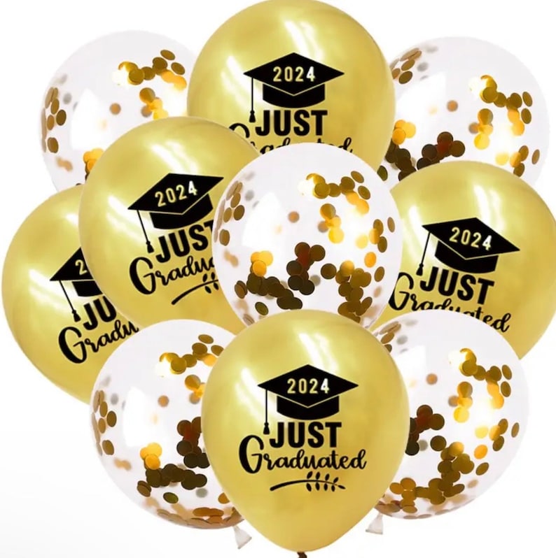 Graduation Balloons Black Gold Confetti Congrats Grad Cap Class of 2024 ...