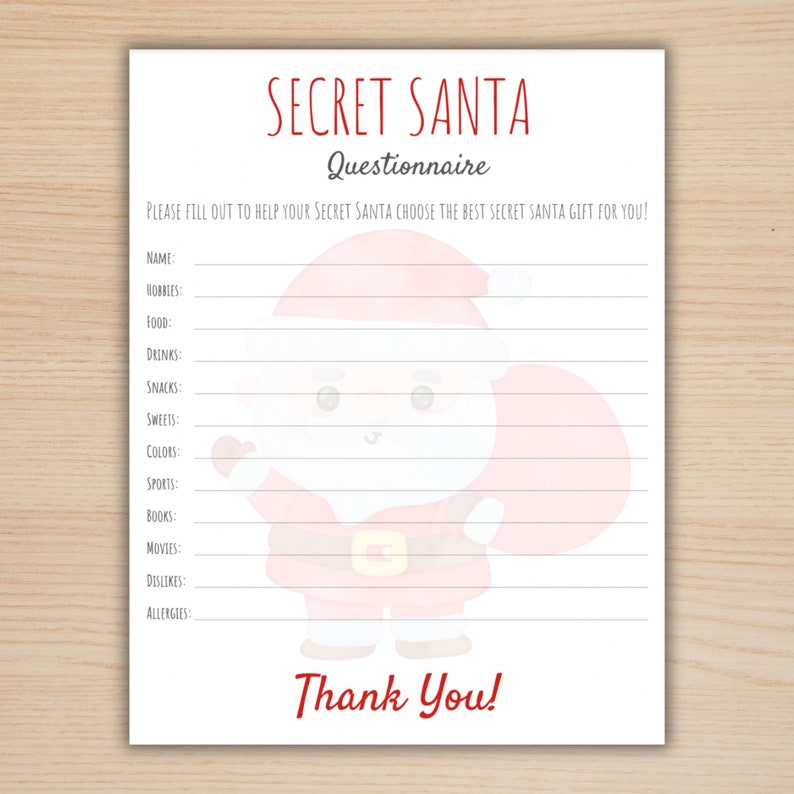 Formulario imprimible del cuestionario Secret Santa, intercambio de ...