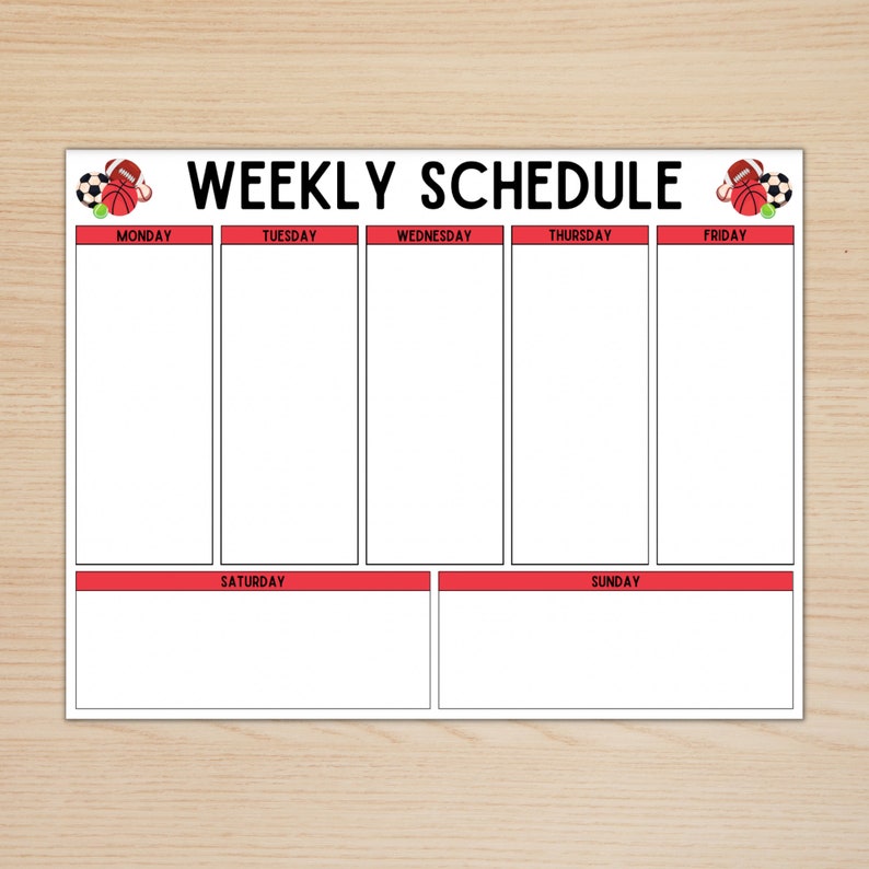 Sports Themed Weekly Schedule, Printable Daily Schedule for Kids, Week ...