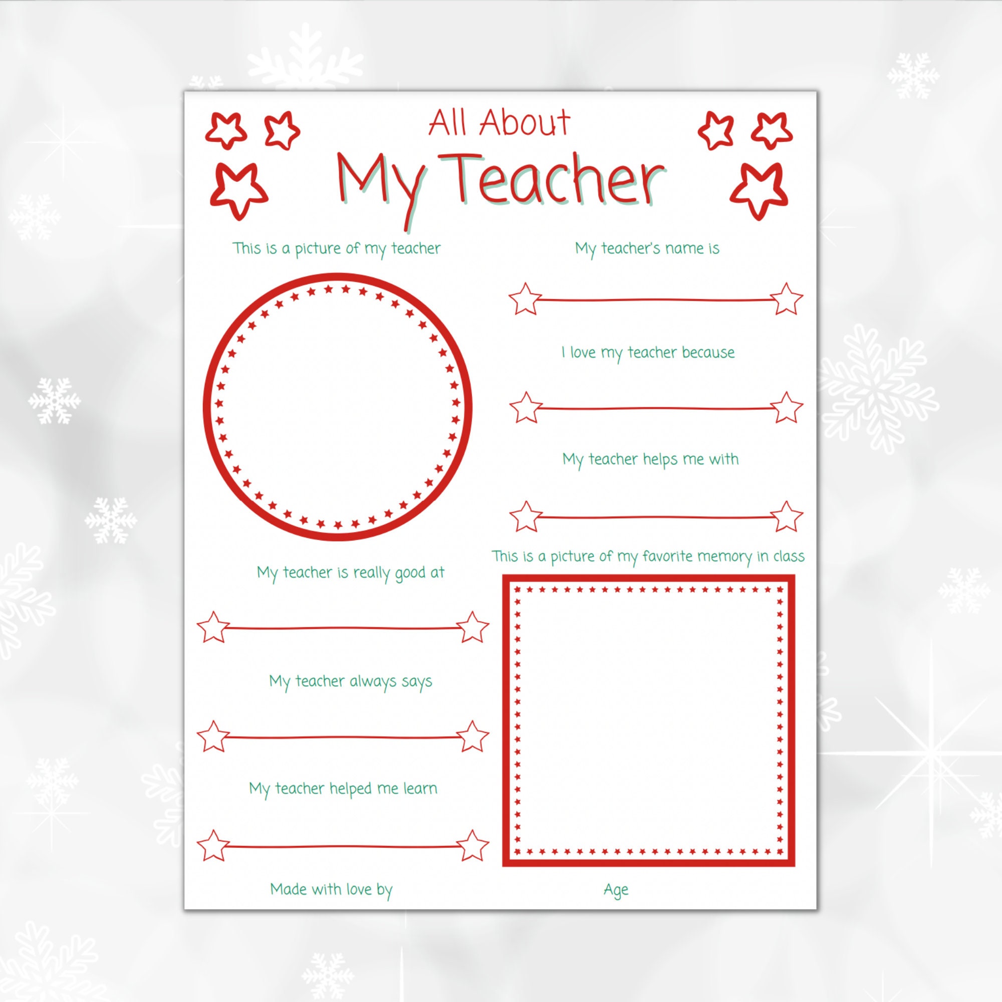 Teacher Appreciation Printable, All About My Teacher, Winter Teacher ...