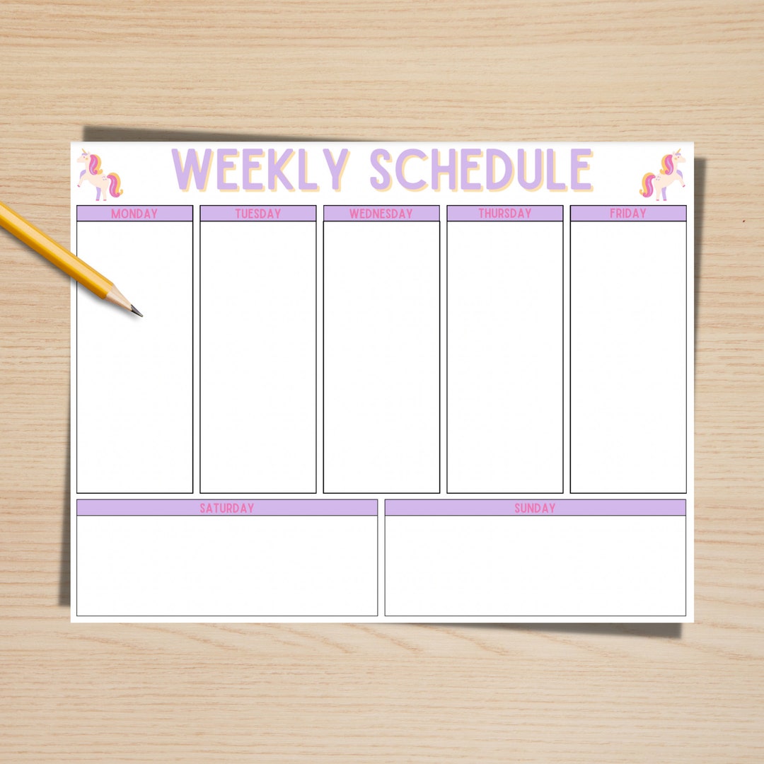Unicorn Themed Weekly Schedule, Printable Daily Schedule for Kids, Week ...