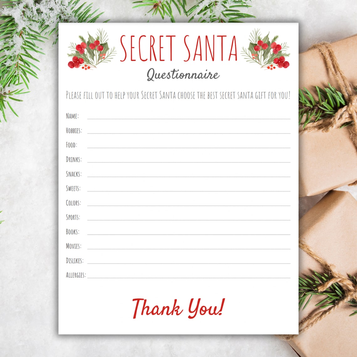 Printable Secret Santa Questionnaire Form, Secret Santa Gift Exchange ...