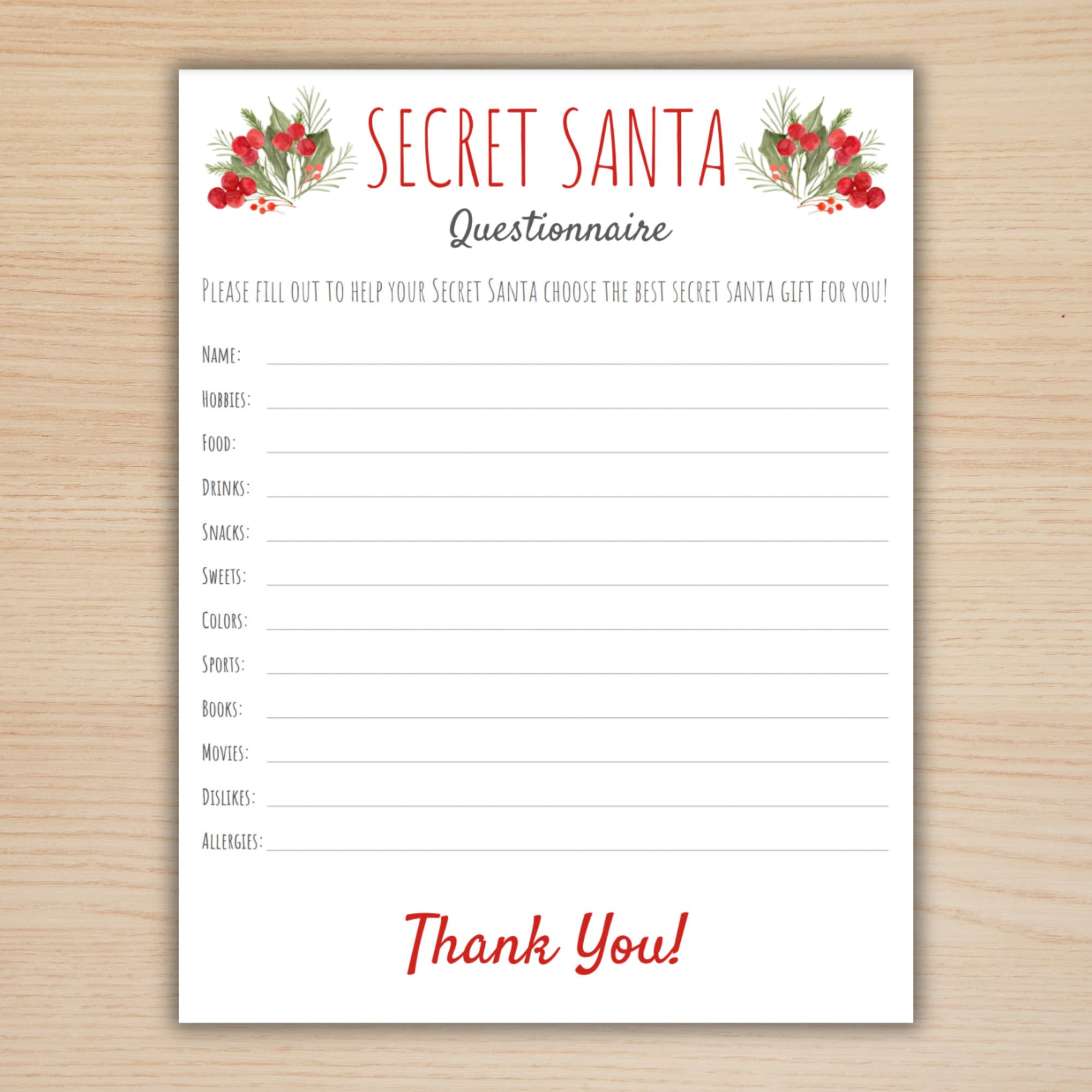 Printable Secret Santa Questionnaire Form, Secret Santa Gift Exchange ...