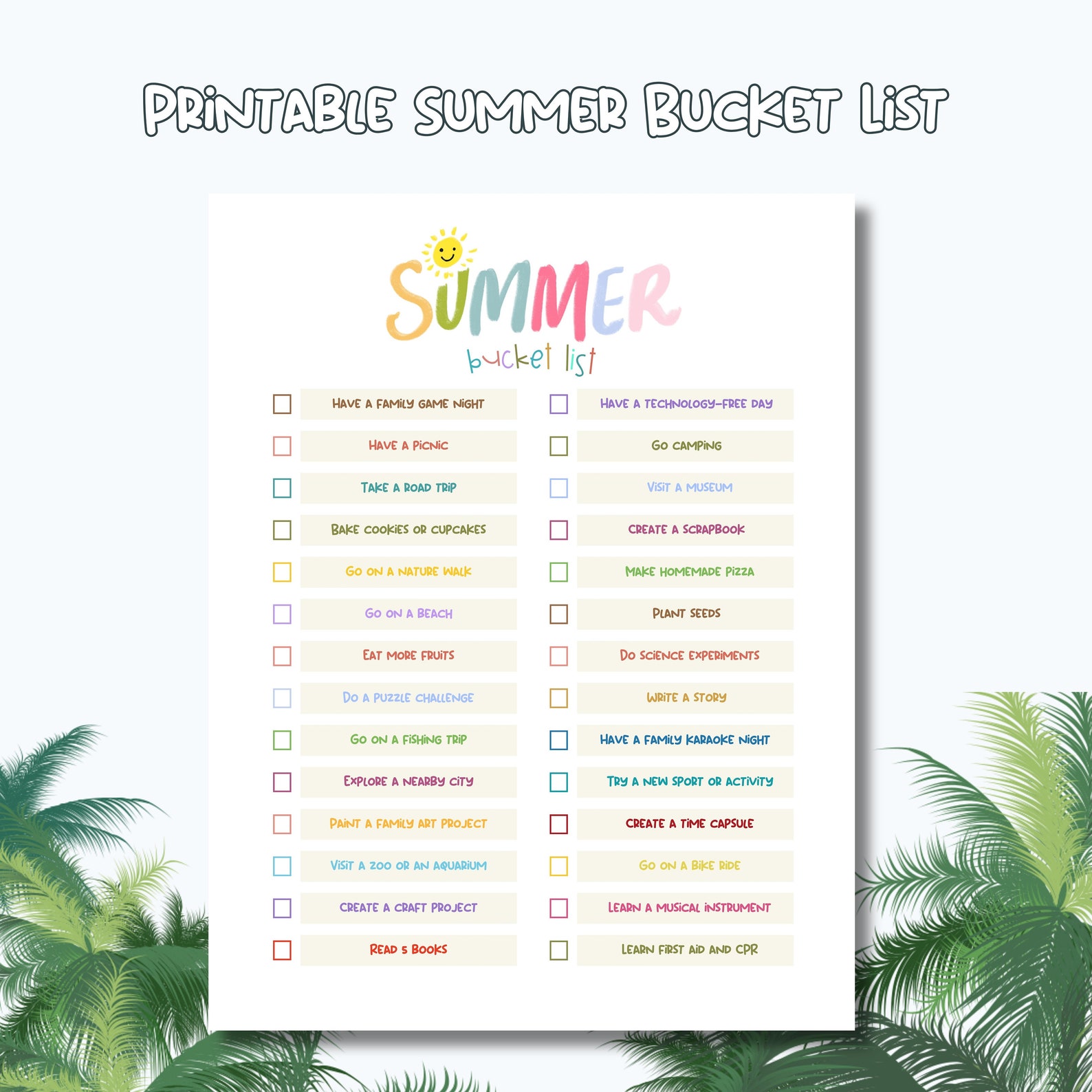 Summer Bucket List Printable Blank Family Summer Bucket List Printable ...
