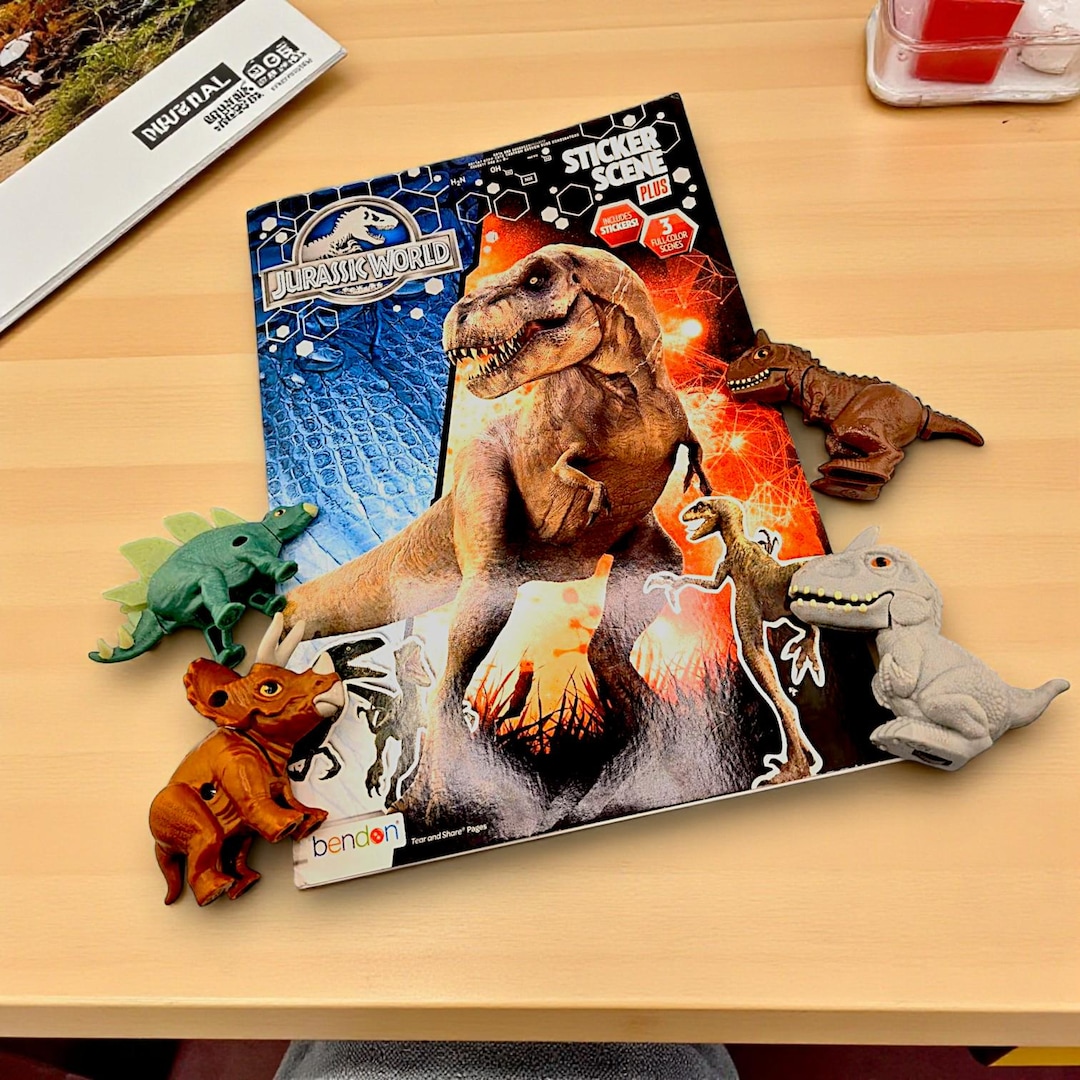 Jurassic World Sticker Book & 4 Dinosaur Figures – Licensed Universal ...
