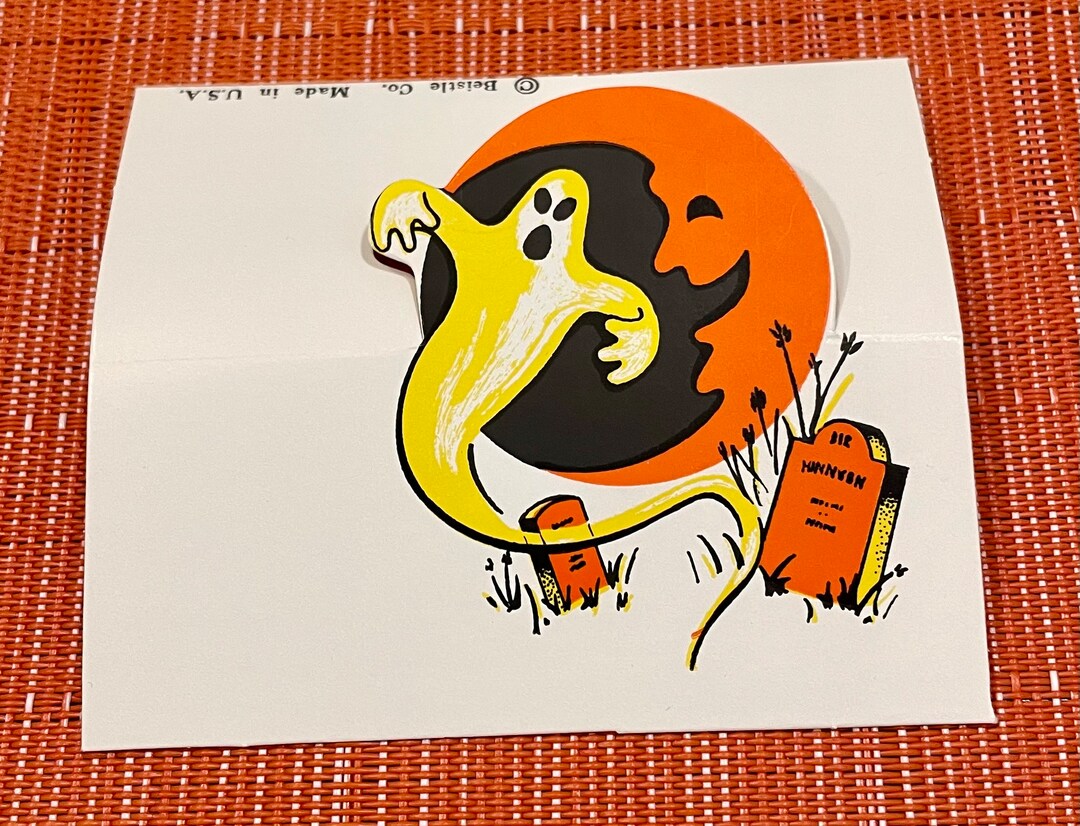 1960s Ghost Tombstone Man in Moon Vintage Beistle Halloween Place Card ...
