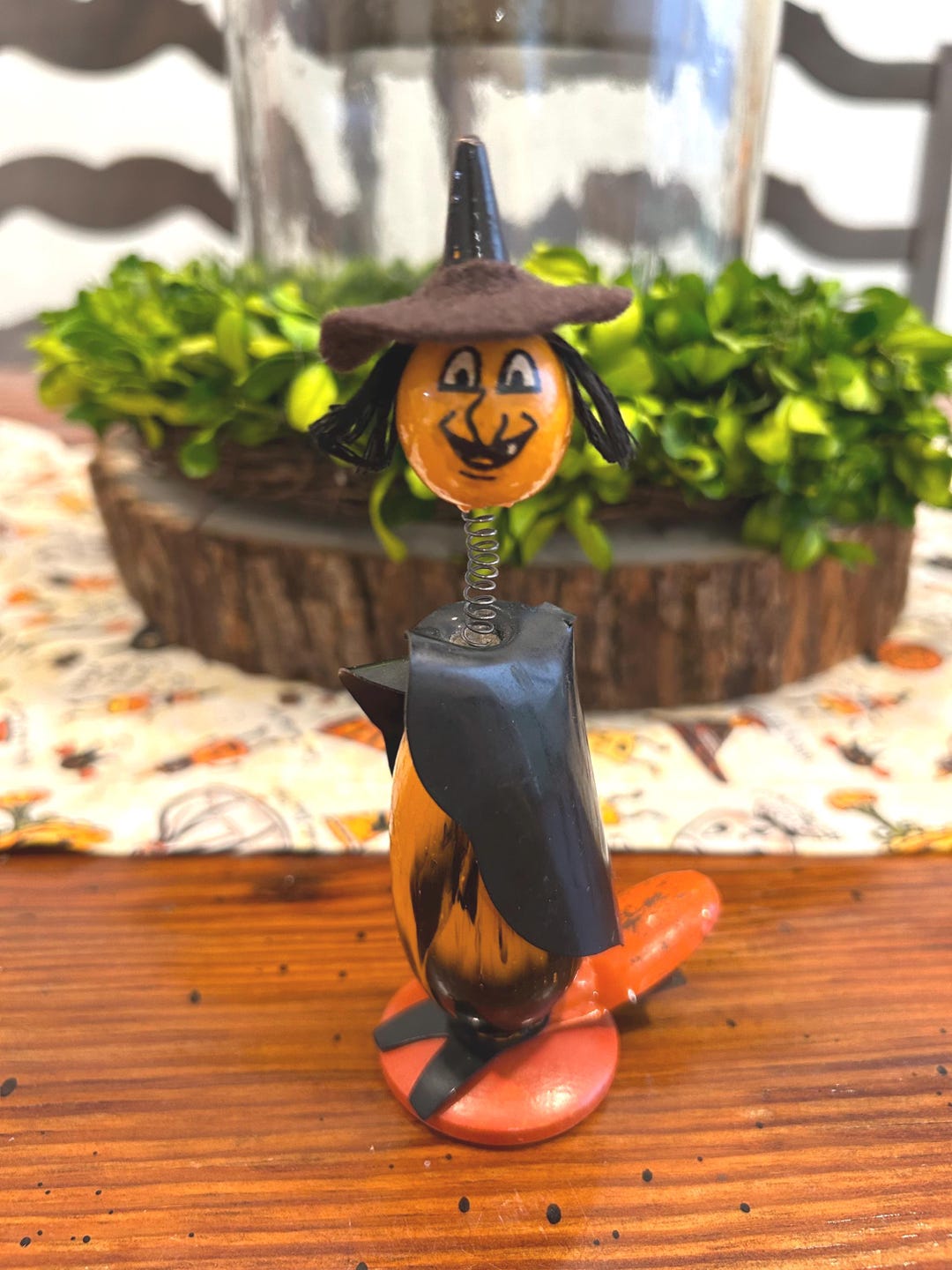 RARE Vintage Wood Metal Felt Yarn Halloween Witch Spring BOBBLEHEAD ...