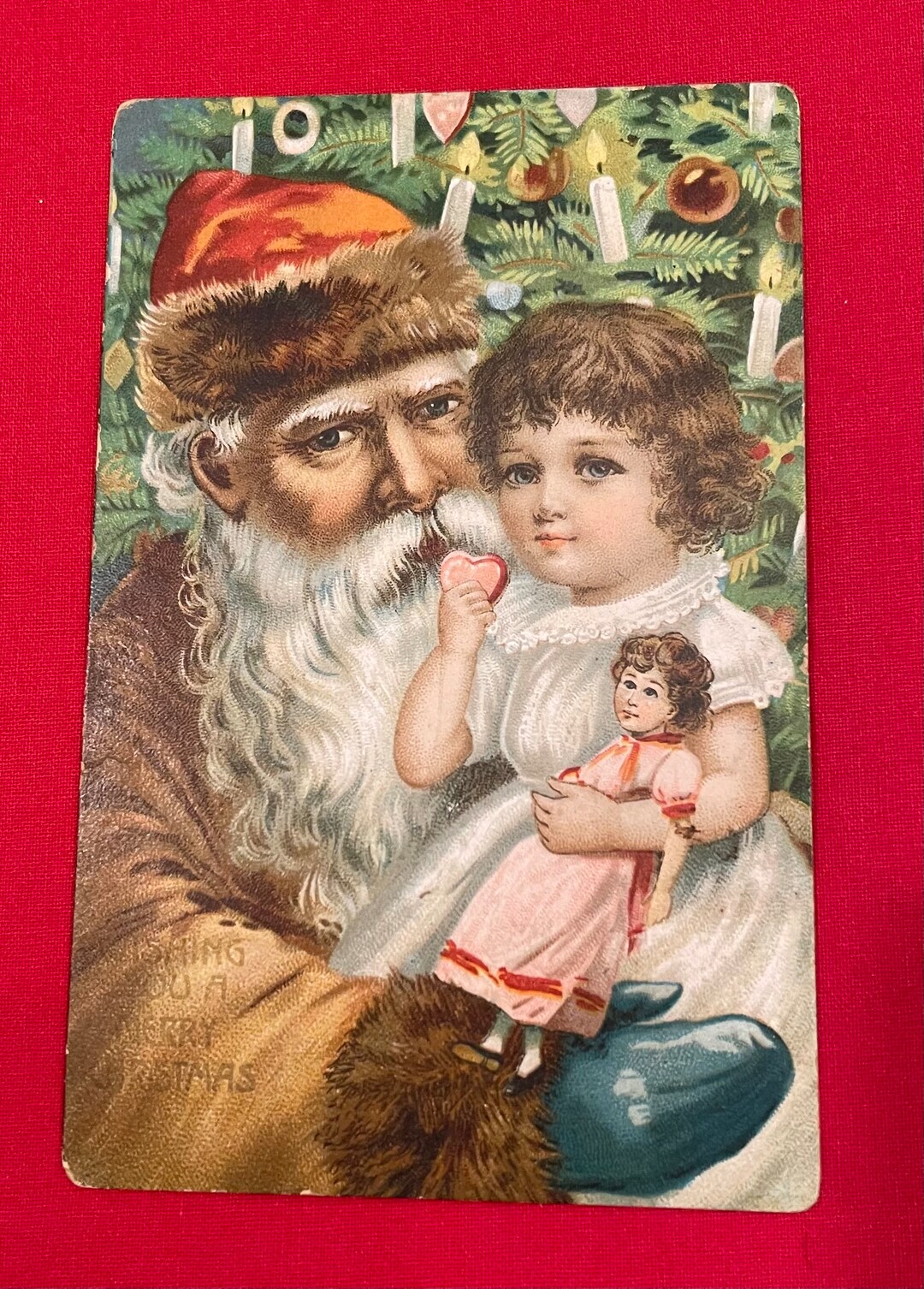 Vintage C1910 Christmas Antique Unposted Postcard W/ Brown Coat Santa Claus With Beautiful ...