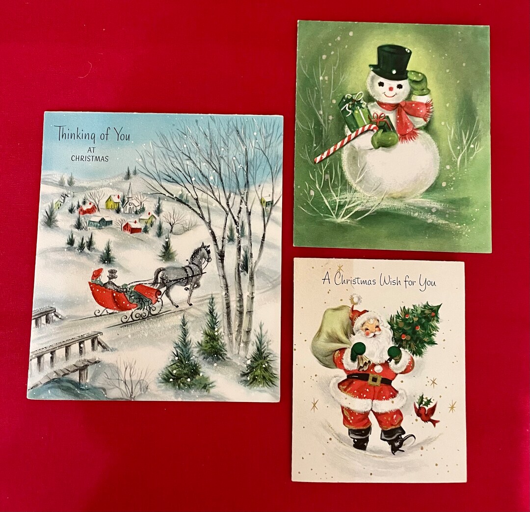 Set of 3 1950s Hallmark Vintage Christmas Cards Snowman Santa ...