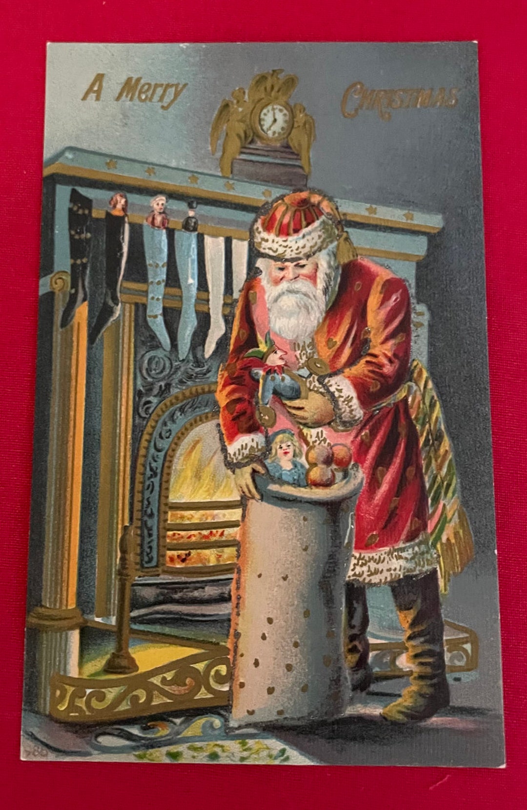 Vintage Early 1900s Christmas Antique Postcard W/ Santa by Fireplace ...