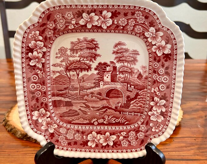 Vintage Rectangle Scalloped 8.25 Plate Cranberry Red Spode Copeland Spode's Tower England Old ...
