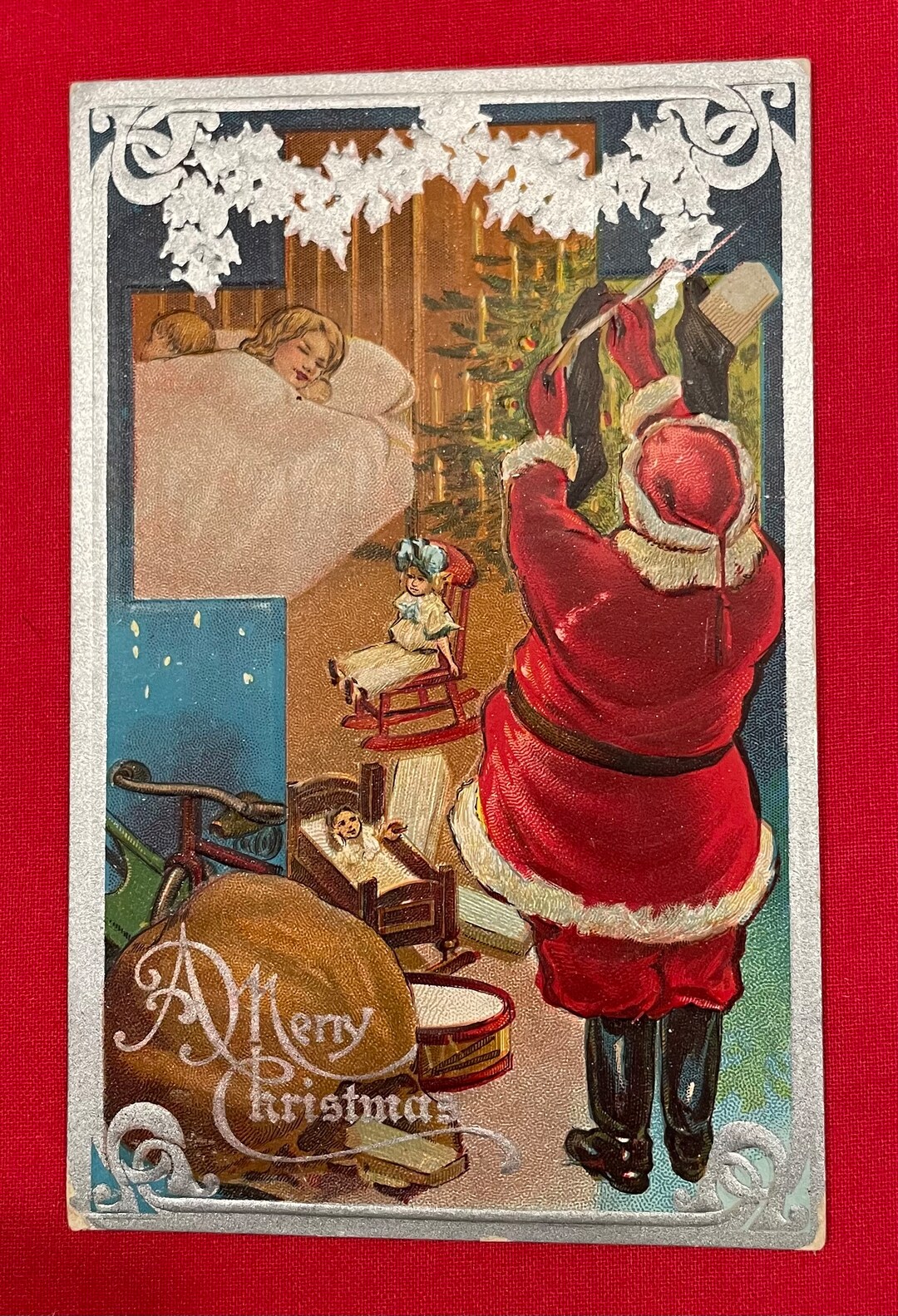 Vintage Christmas Antique Postcard Santa Hangs Stockings Silver Foil ...