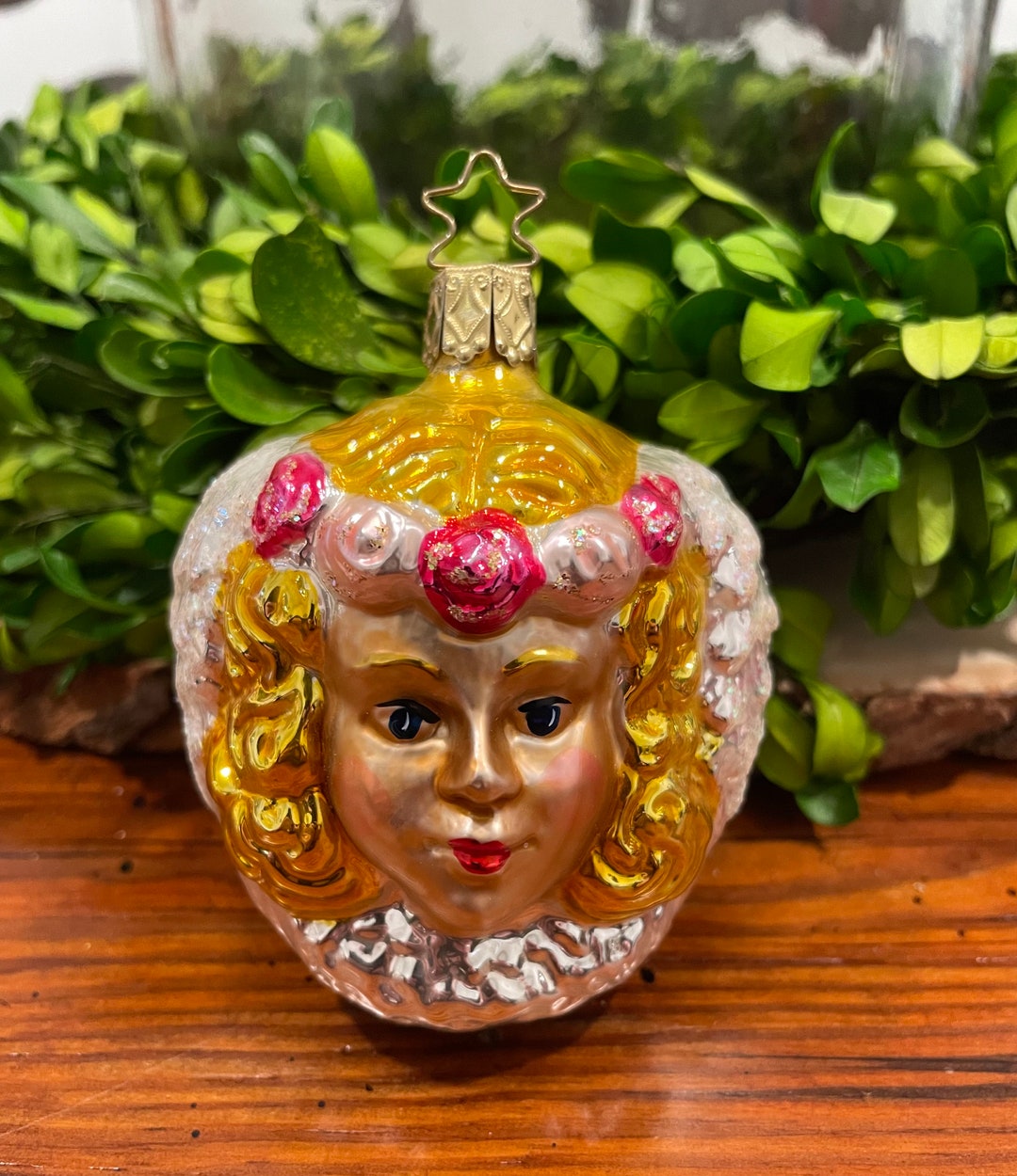 Vintage Old World Christmas Angel Face W/flower Halo German Christmas Gold Glittered Wings on ...
