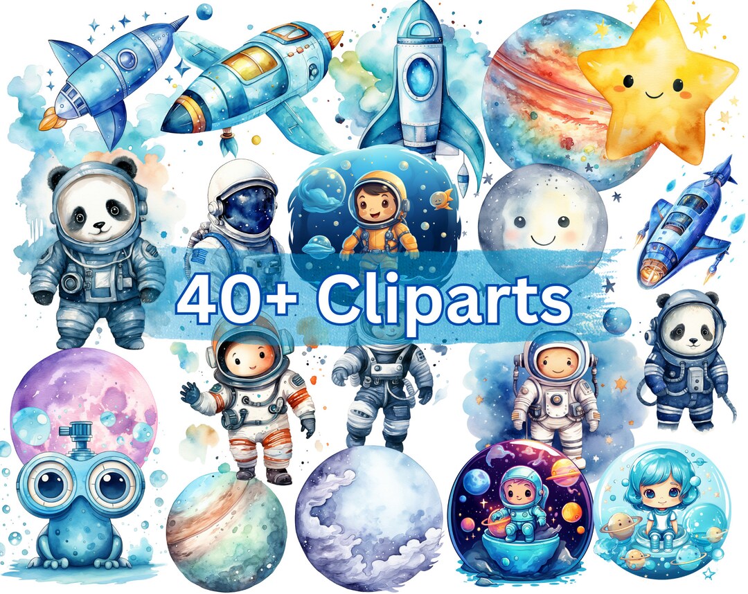 40 Space Watercolor Clipart, Cute Astronaut , Planets Clip Art, Rockets ...