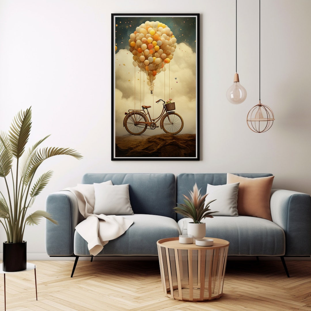 Printable Illustration of a Bicycle With Balloons, Vintage Surrealism ...