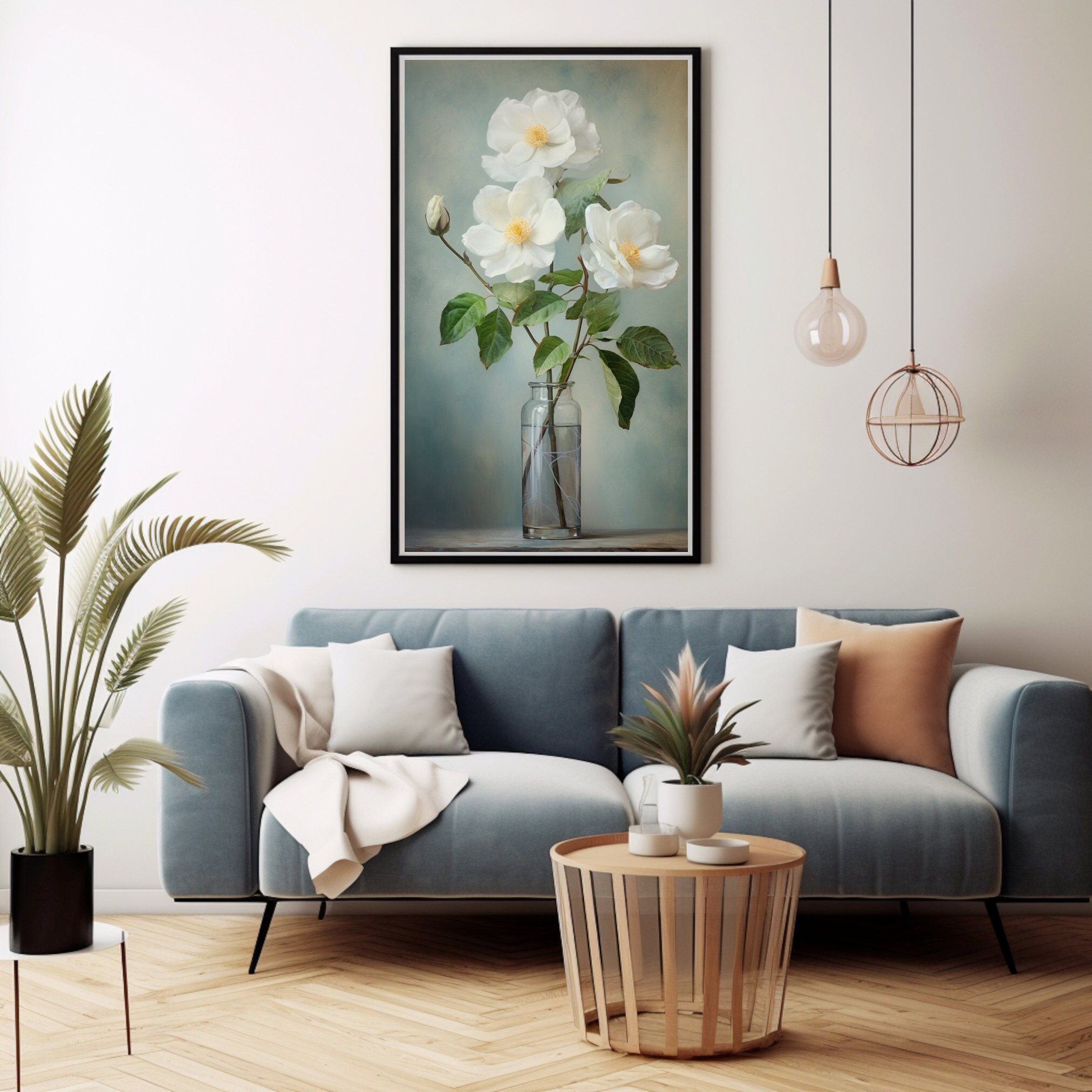 Printable Illustration of White Camellia Flowers in a Vase, Textured ...